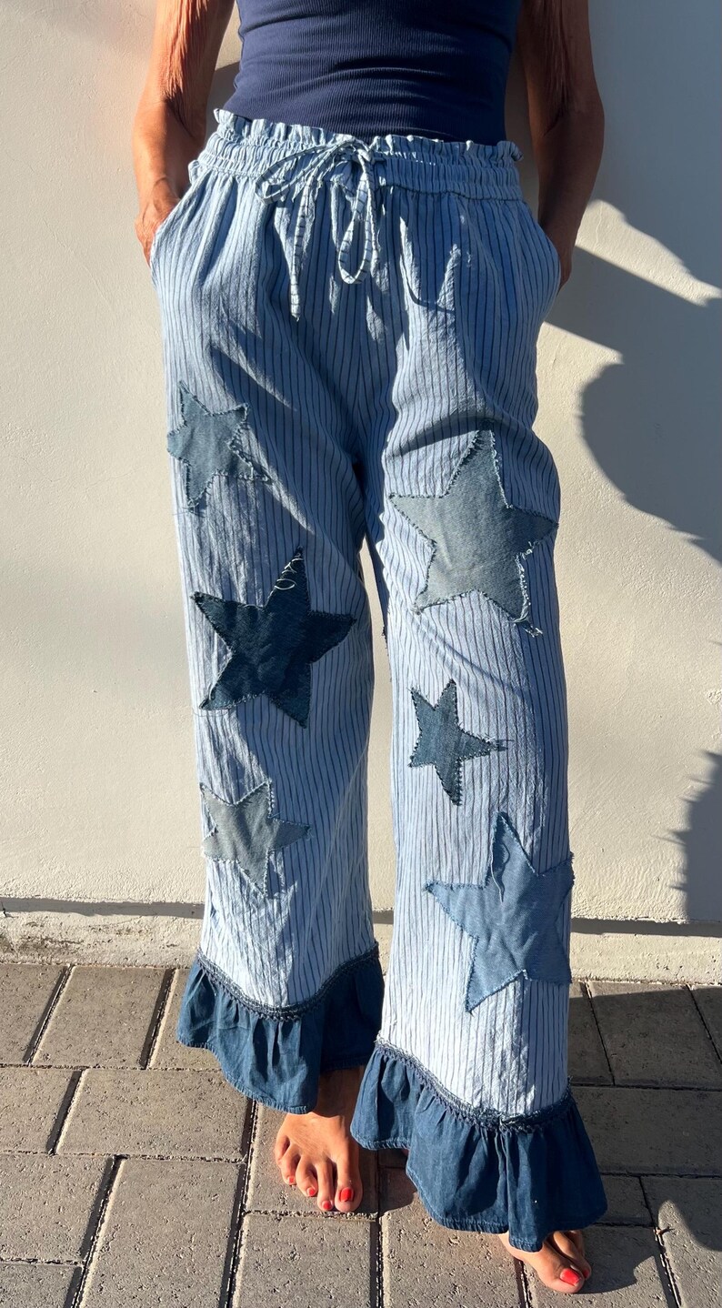 Upcycled Striped Drawstring Pants With Denim Star Patches and Ruffle ...