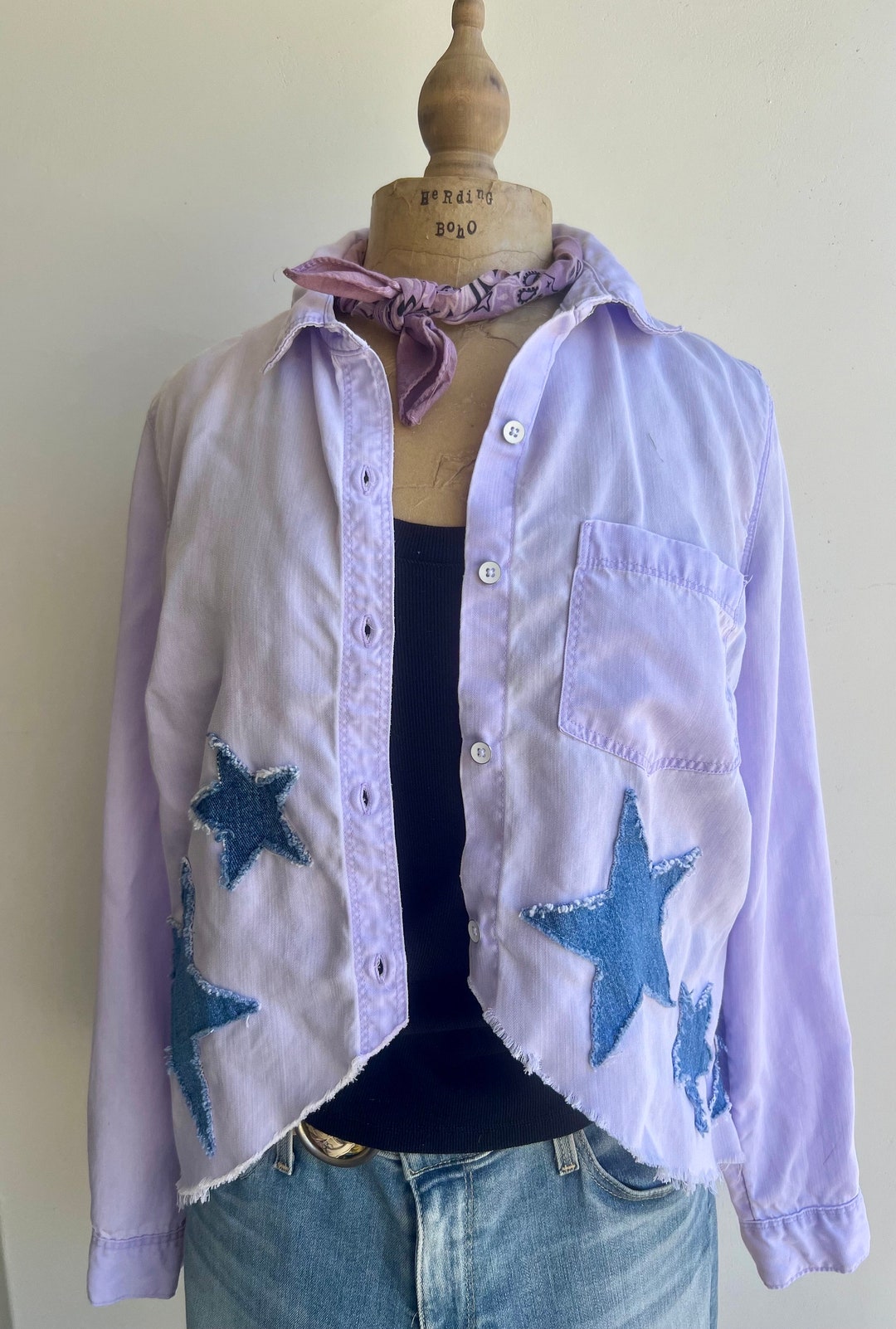 Star Patch Button Down Shirt, Long Sleeve Size L Upcycled Old Navy ...