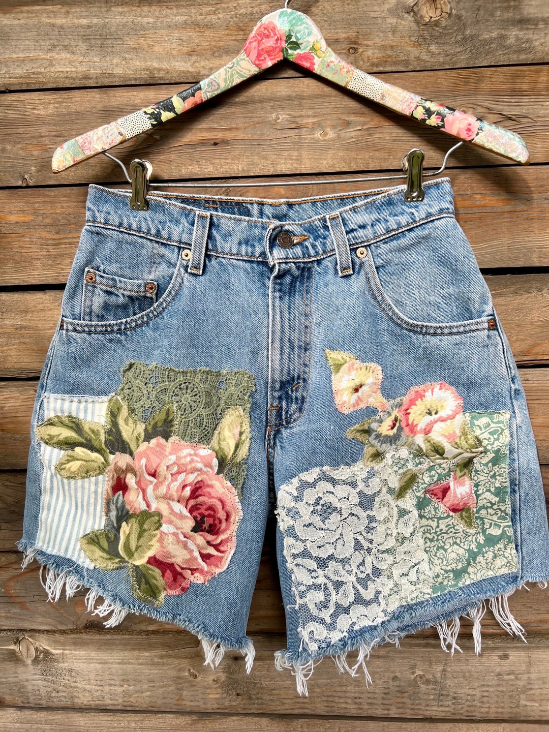 Upcycled Denim Levi High Waist Sz 29 Cut off Shorts With Floral and ...
