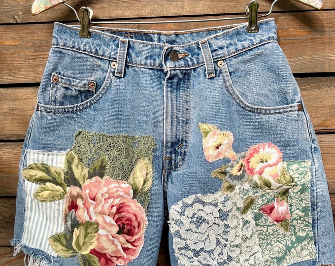 Upcycled Denim Levi High Waist Sz 29 Cut off Shorts With Floral and ...