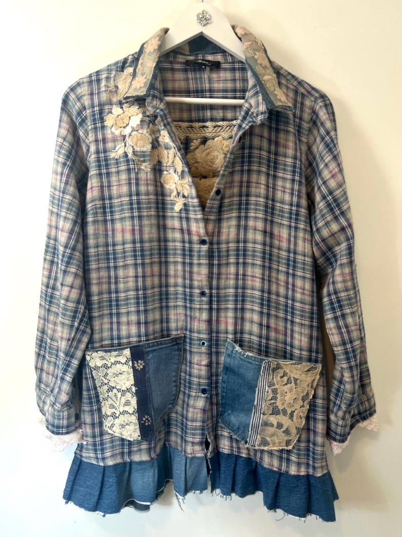 Upcycled Blue Plaid Flannel Overshirt, Patchwork Lace Detail, Boho ...