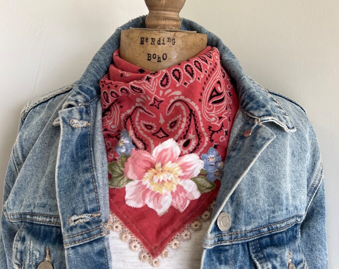 Distressed and Embellished Pinkish Rust Color Flower Applique Bandana ...