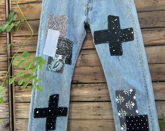 Patched Upcycled Jeans, Festival Inspo, Size 36 Boyfriend Hippie Jeans ...