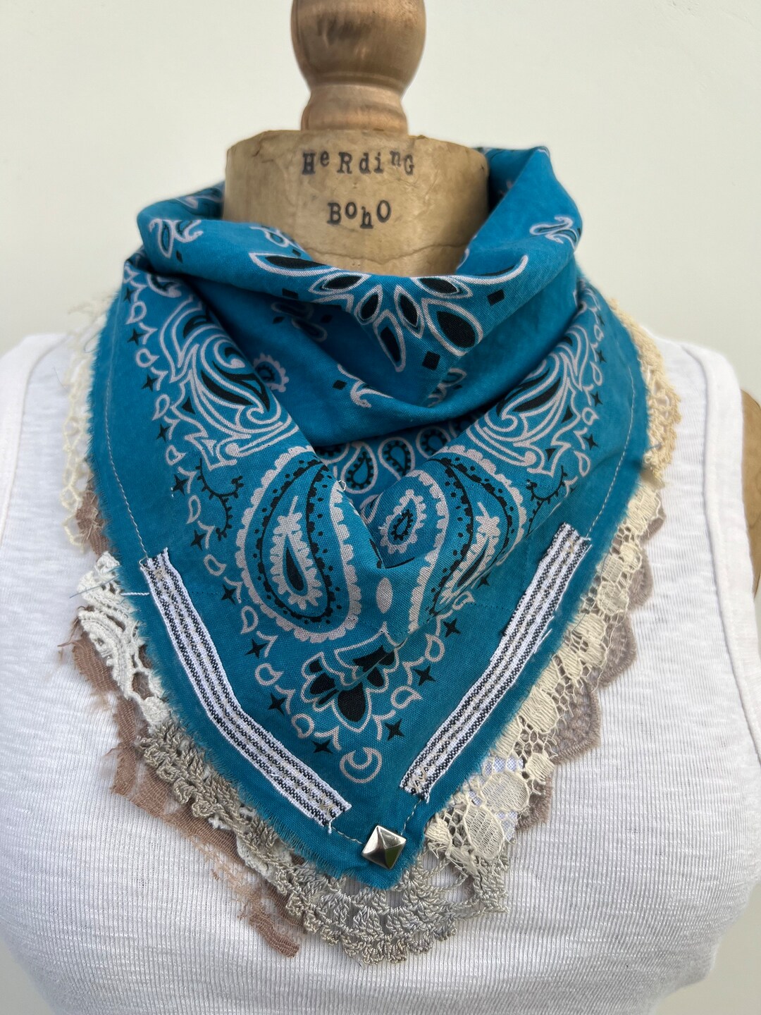 Distressed and Embellished Teal Color Flower Applique Bandana - Etsy
