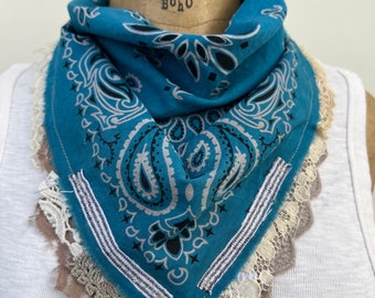 Distressed and Embellished Pinkish Rust Color Flower Applique Bandana ...