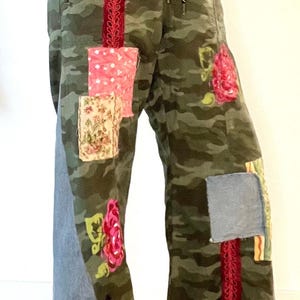 Hand-painted Camouflage Boho Pants: Upcycled Denim, Vintage Patches - Etsy