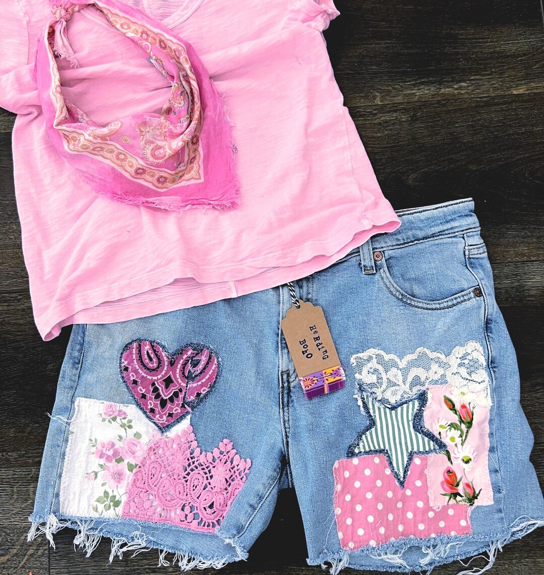 Upcycled Levi Shorts With Floral and Lace Patches, Boho Shorts Festival ...