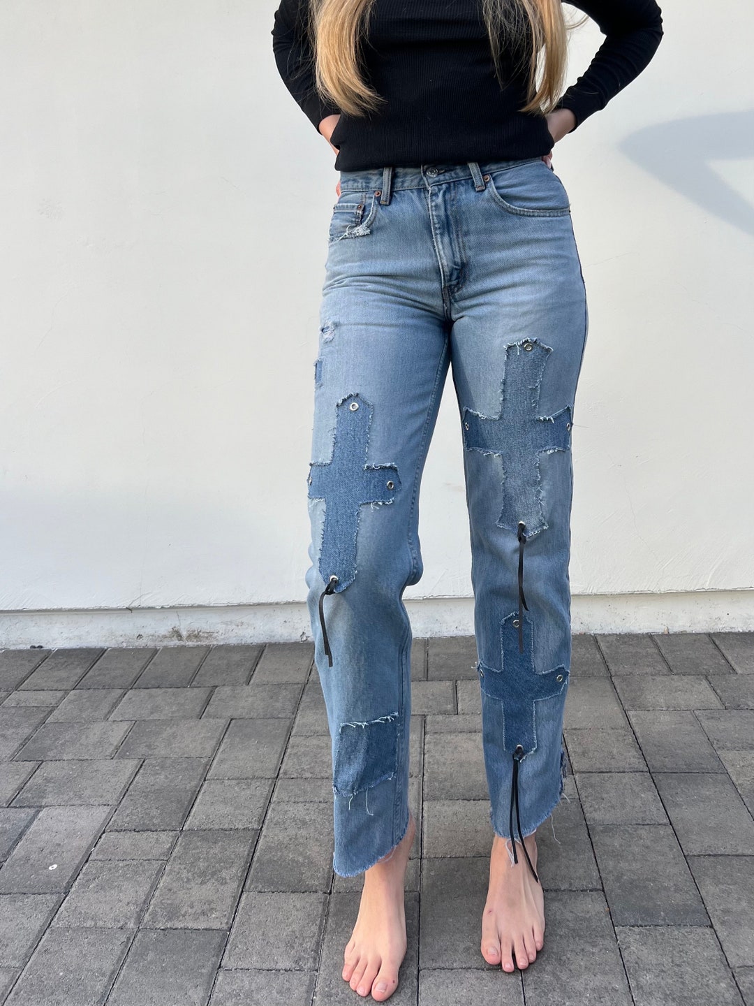 Patched and Distressed Jeans, Festival Jeans, Vintage Patches, Upcycled ...