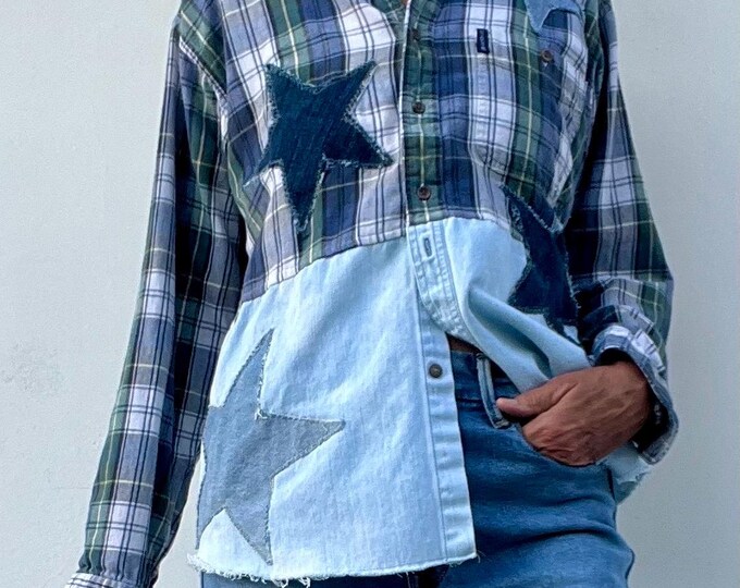 Upcycled Ralph Lauren Flannel With Denim Bottom and Denim Stars, Mens ...