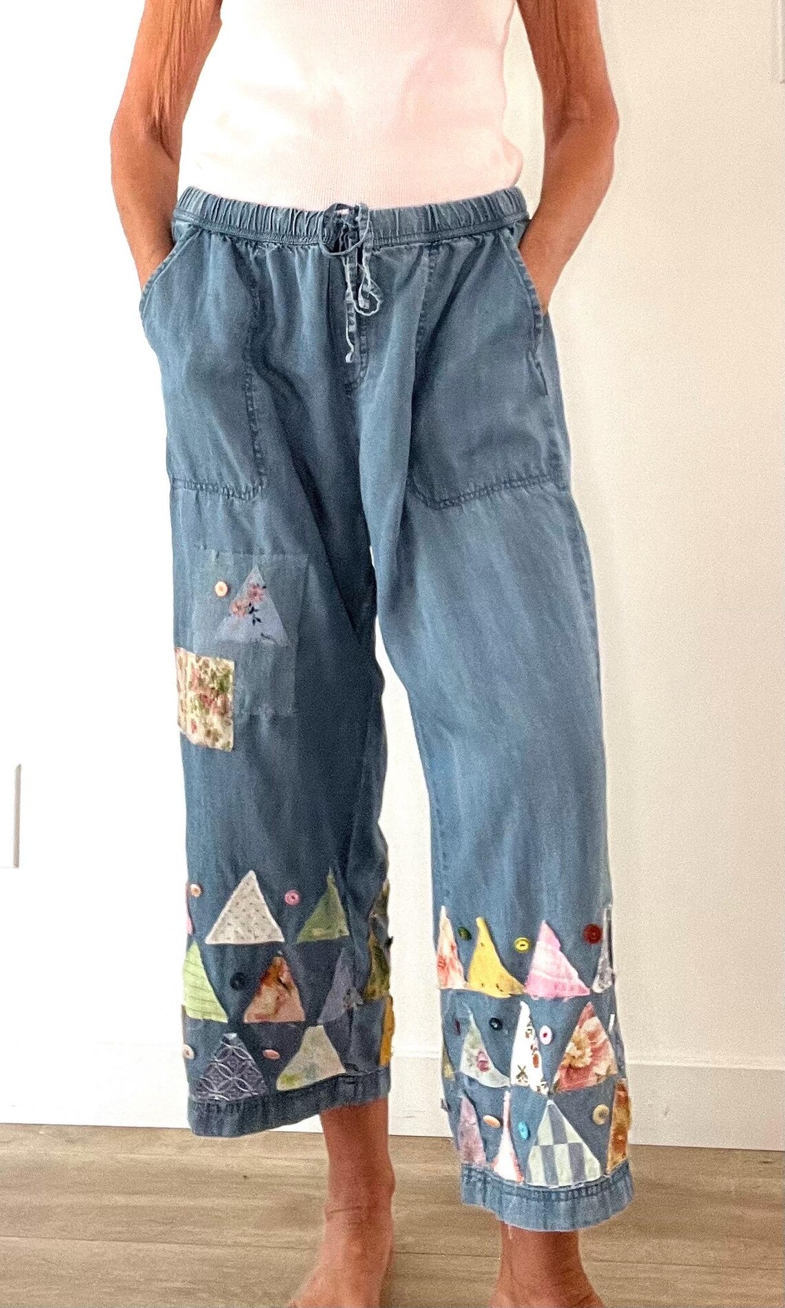 Boho Patchwork Denim Pants: Upcycled Cottagecore Jeans XL - Etsy