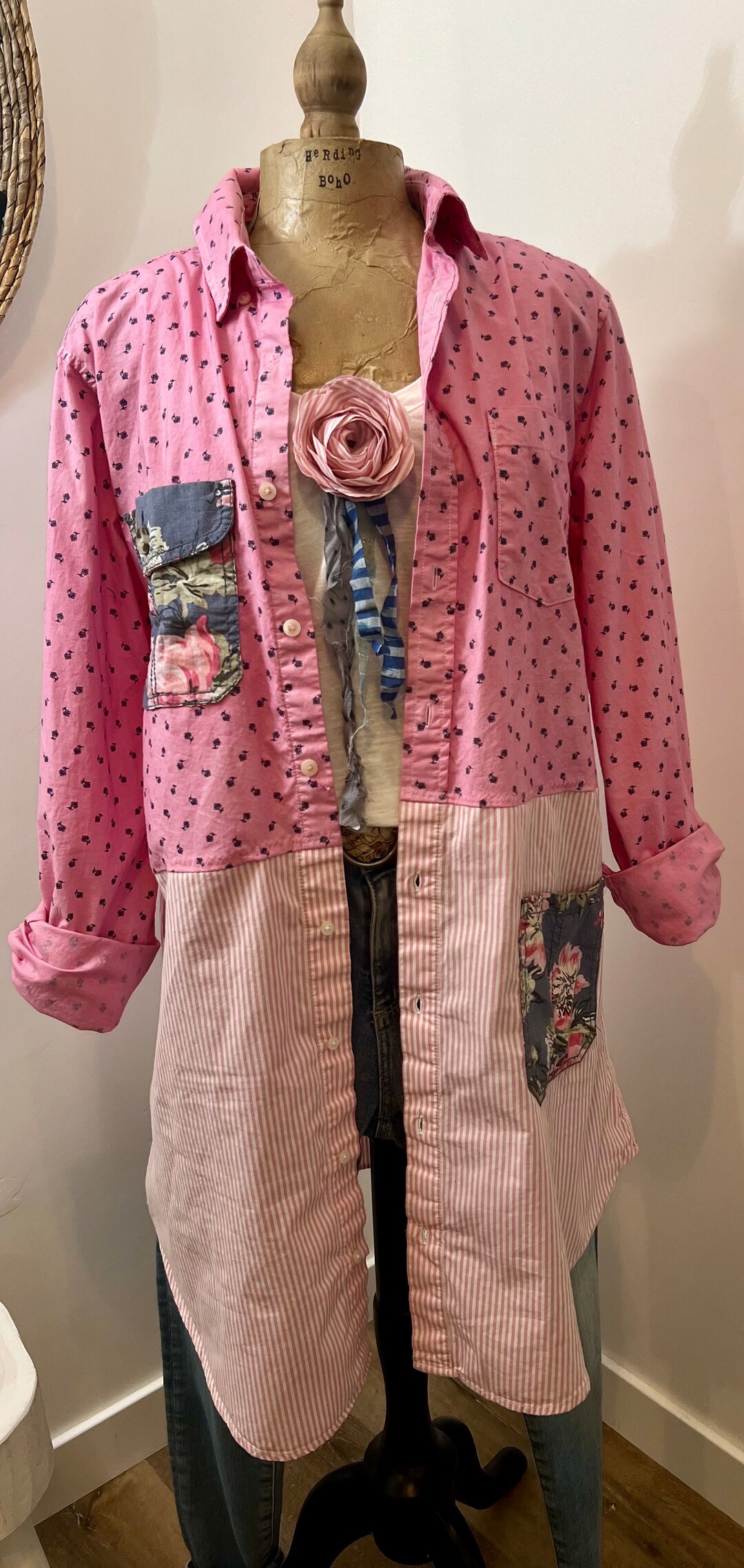 Upcycled Patched Mens Sz L Button Down Shirt, Long Sleeve Heart ...