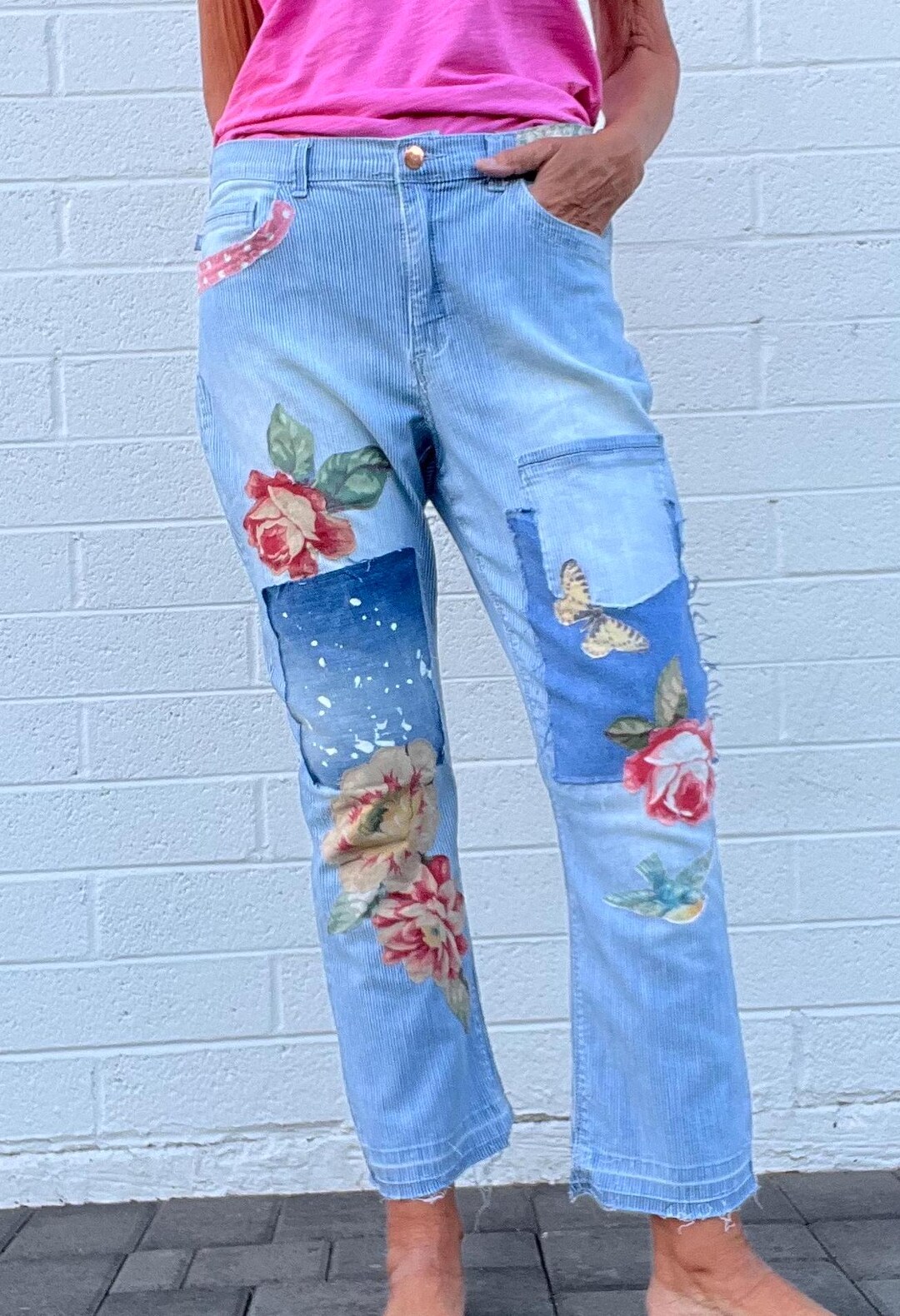 Upcycled Blue and White Pinstriped Jeans Embellished With Floral ...