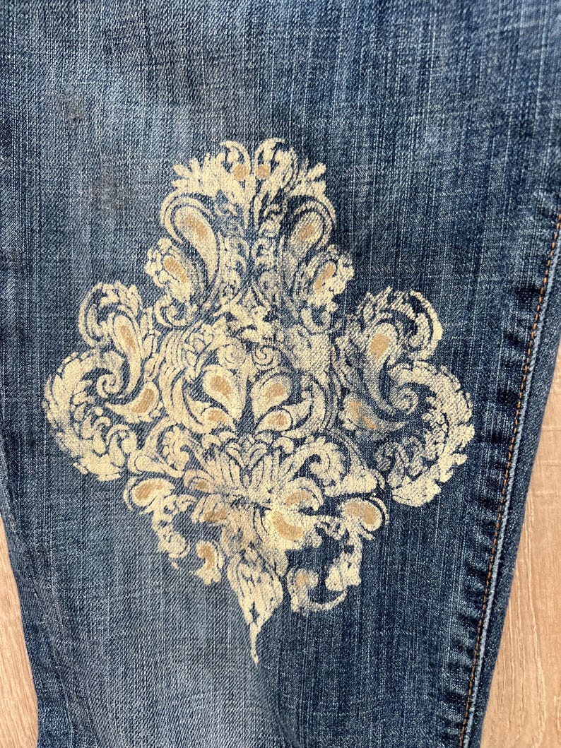 Boho Patchwork Lace Jeans, Upcycled Flare Denim, Stenciled Jeans ...