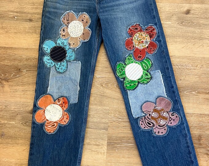 Patched Upcycled Jeans, Festival Inspo, Size 28 Levi Straight Leg Jeans ...
