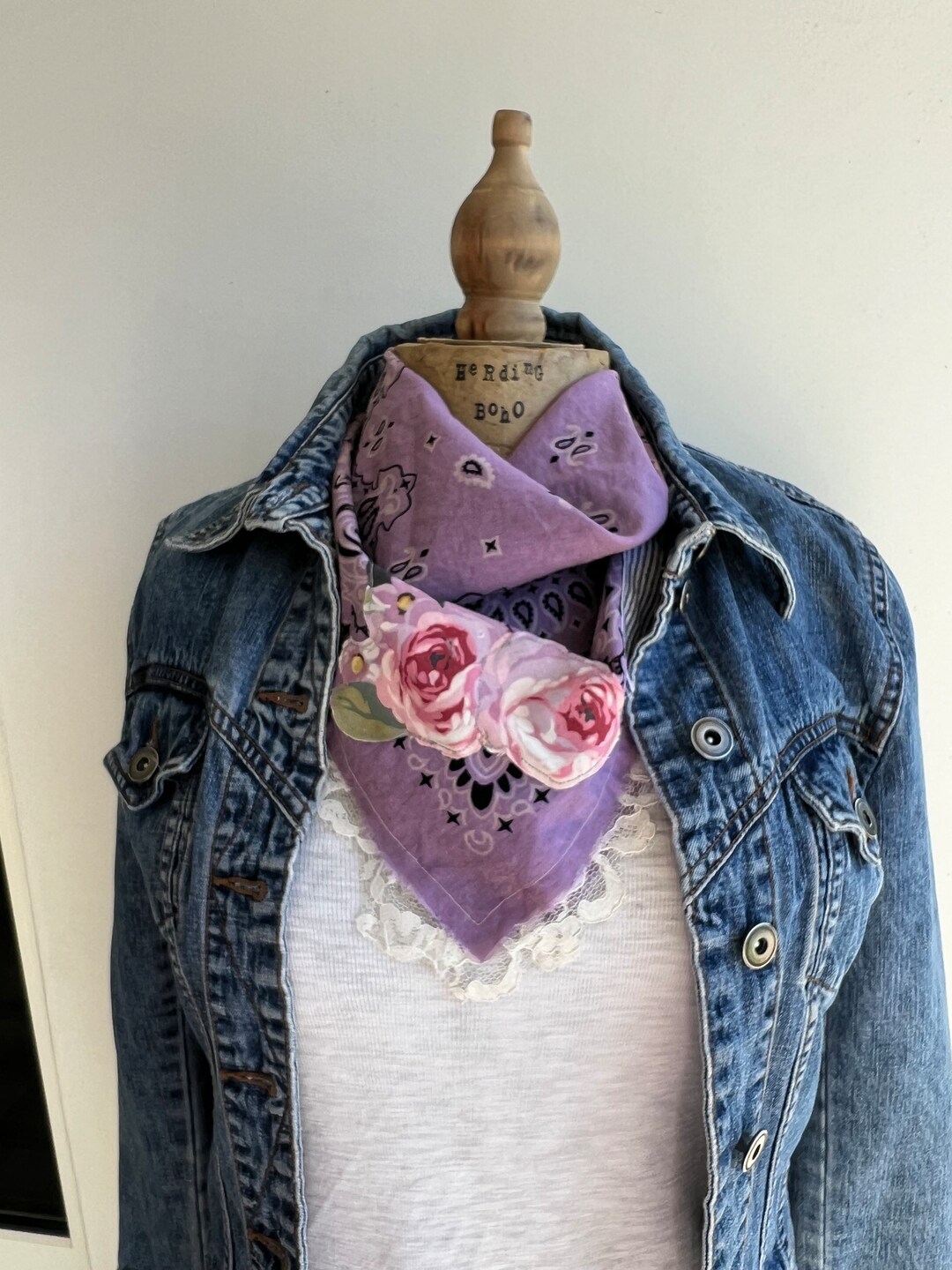 Distressed and Embellished Flower Bandana , Boho Western Repurposed ...