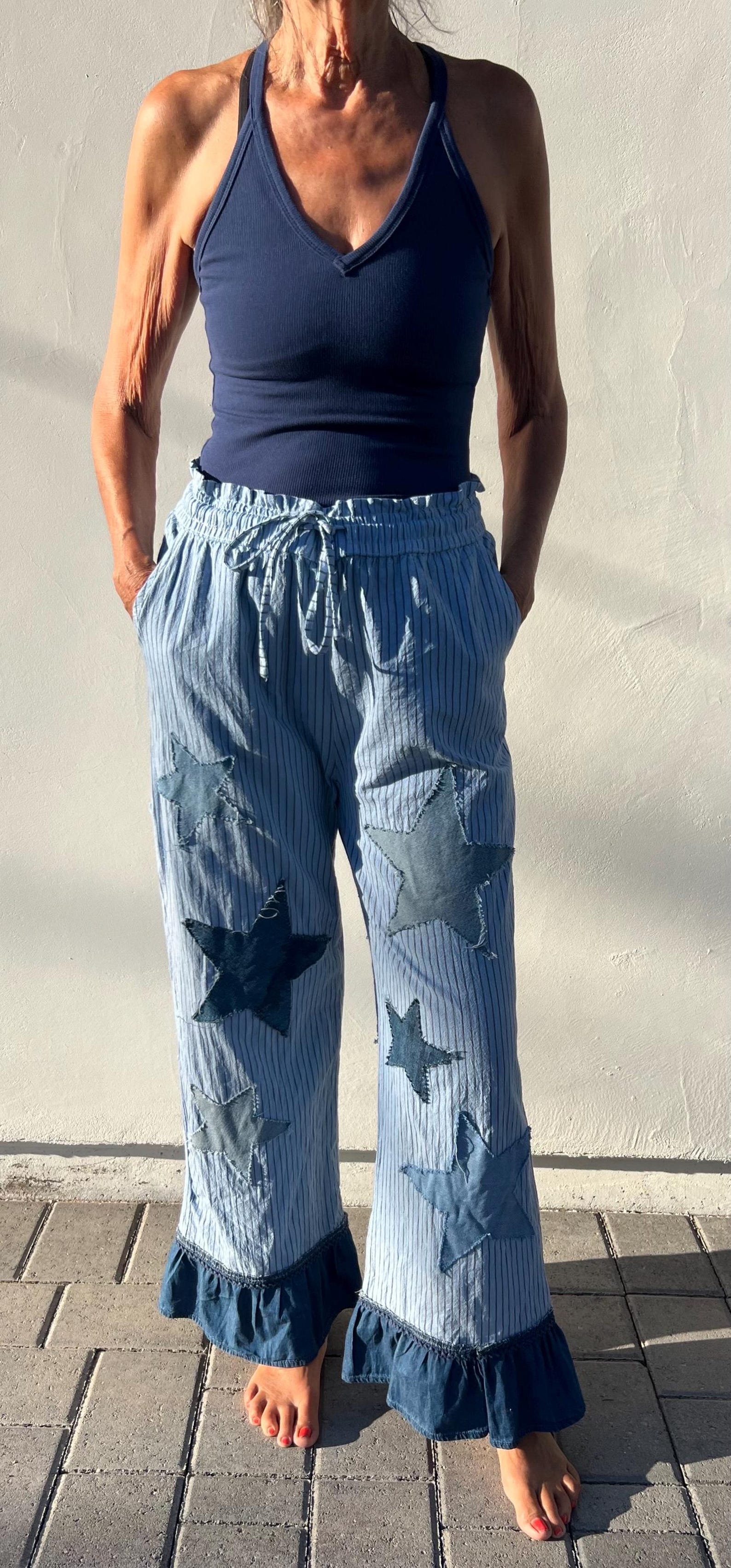 Upcycled Striped Drawstring Pants With Denim Star Patches and Ruffle ...