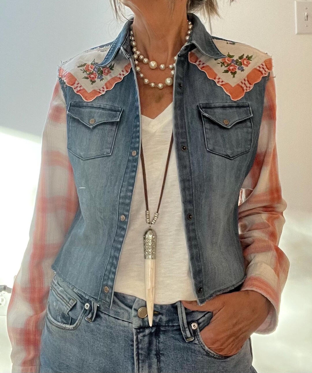 Boho Western Chic Denim Vest Vintage Hankie Flannel Sleeve Upcycle With ...