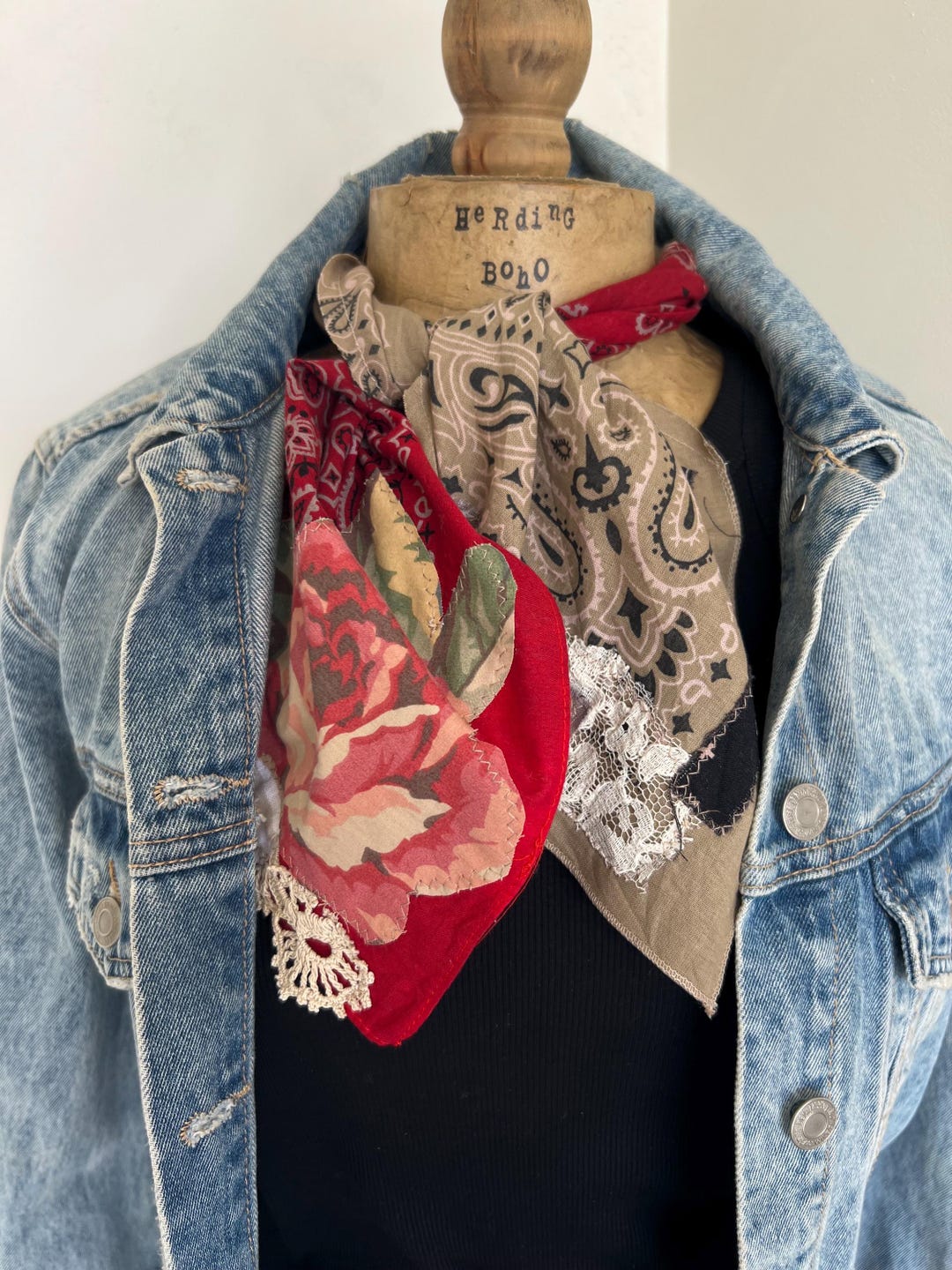 Boho Chic Distressed and Embellished Bandana, Magnolia Flower Applique ...