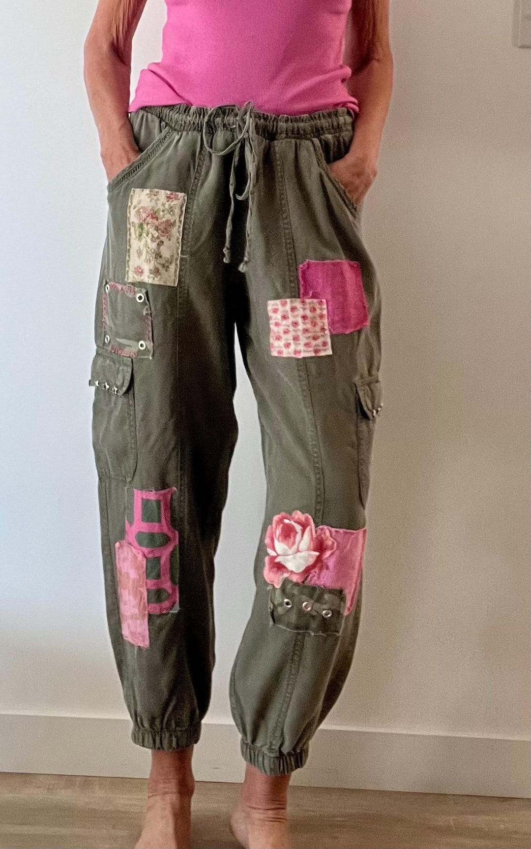 Patched and Distressed Army Green Pants, Festival Jeans, Studs and ...