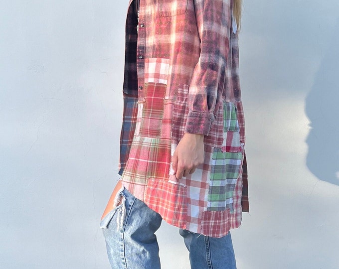 Patched Button Down Bleached Flannel Shirt With Contrasting Patches ...