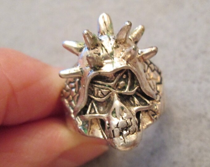 Silver Skull Face With Spiked Helmet Ring>biker Ring,skull Ring, Biker ...