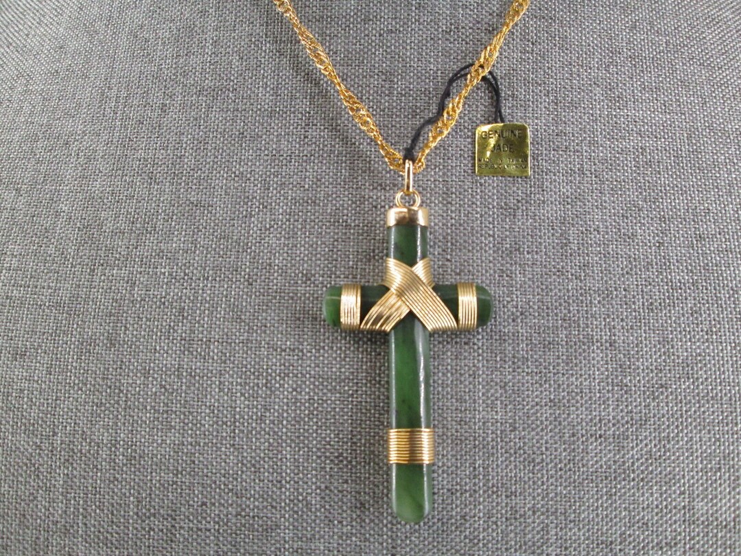 Large Gold JADE Cross Necklace>vintage Nephrite Cross,genuine Jade ...