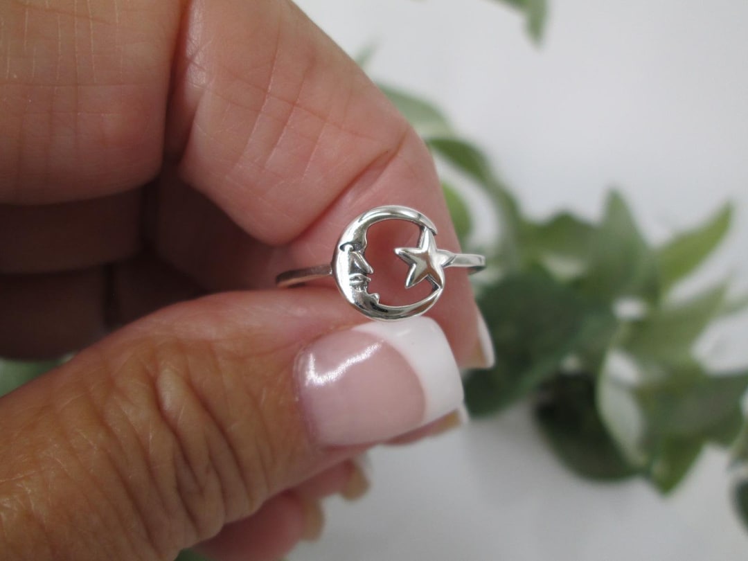 Sterling Moon/star Ring>dainty Crescent Moon Ring,925 Custom Celestial Ring,sterling Silver ...