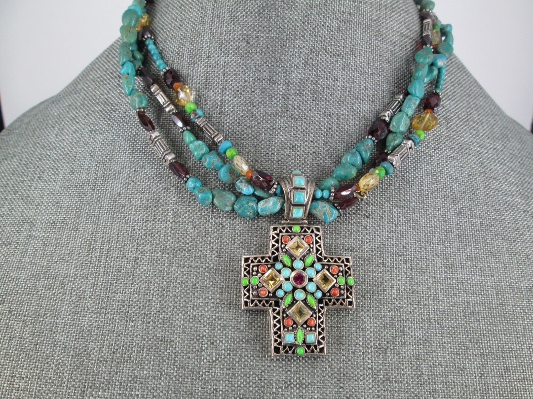 Genuine Turquoise Cross Necklace>sterling Turquoise Cross,multi Strand ...