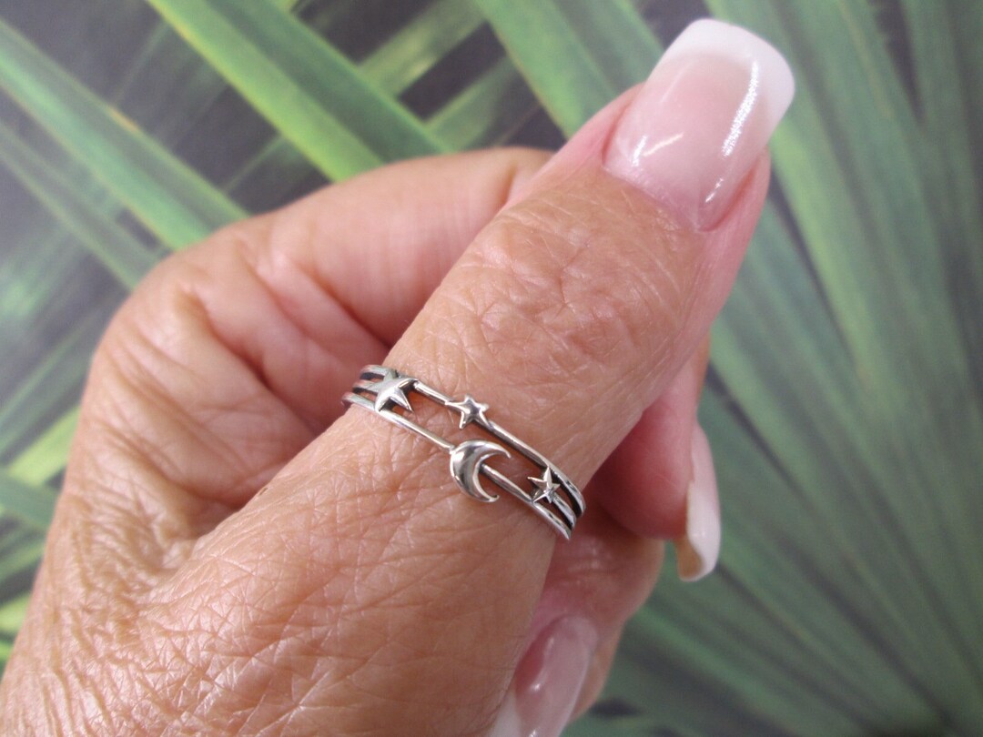 Floating Sterling Silver Moon and Stars Ring>celestial Ring,cresent ...