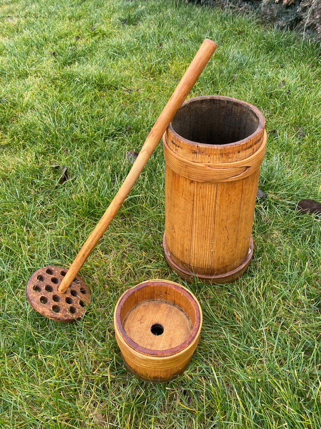 Vintage Wooden Butter Churn With Iron Ringsold Wooden Bowl Oil Chopping ...