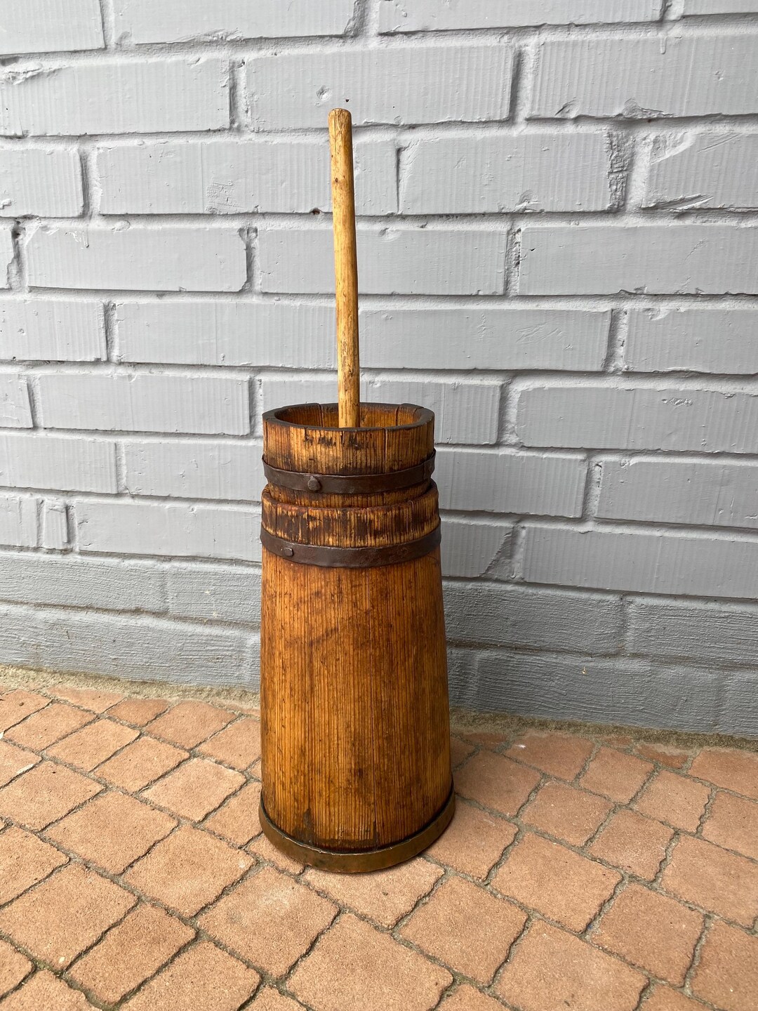 Vintage Wooden Butter Churn With Iron Ringsold Wooden Bowl Oil Chopping ...