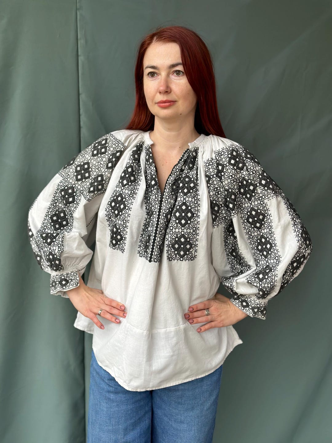 Vintage Romanian Blouse | Hand Embroidered Surca | Black Geometric Boho ...