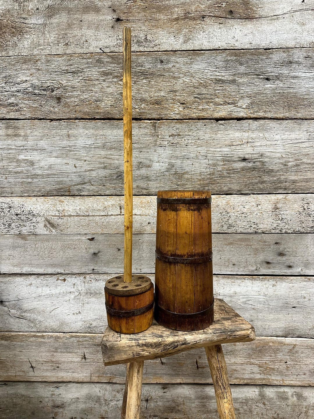Vintage Wooden Butter Churn With Iron Ringsold Wooden Bowl Oil Chopping ...
