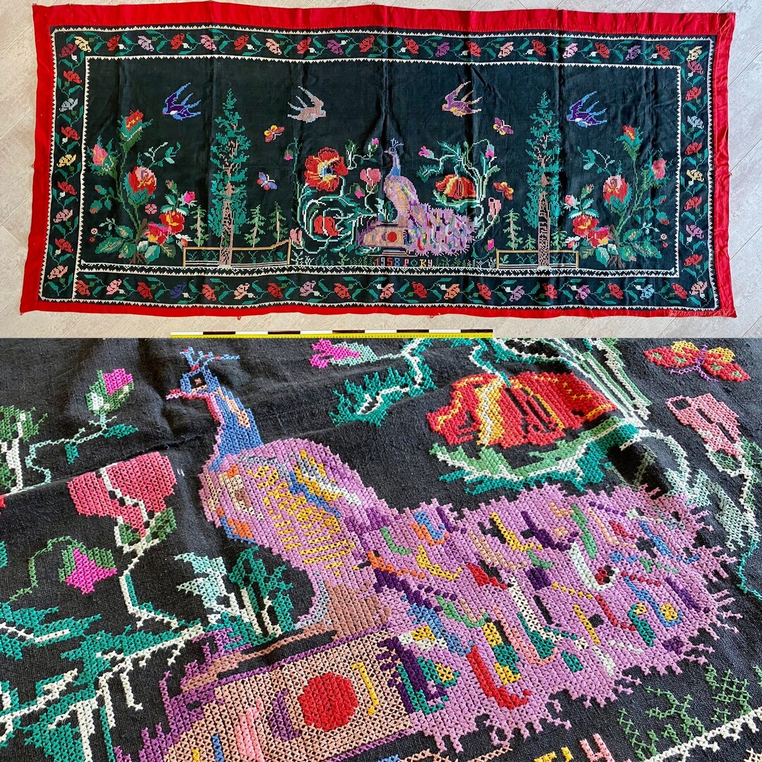 Vintage Carpet With Birds Embroidered Ukrainian Bessarabian Kilim ...