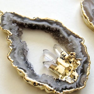 Quartz Geode Slice Necklace, Clear Quartz Point, Gold Geode Necklace ...