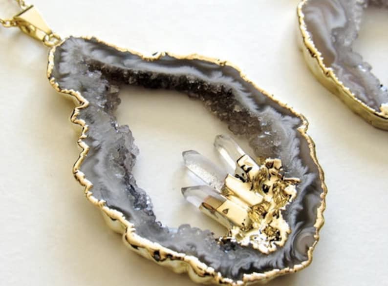 Quartz Geode Slice Necklace Clear Quartz Point Gold Geode - Etsy