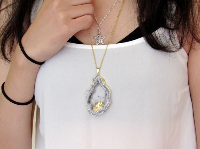 Quartz Geode Slice Necklace, Clear Quartz Point, Gold Geode Necklace ...