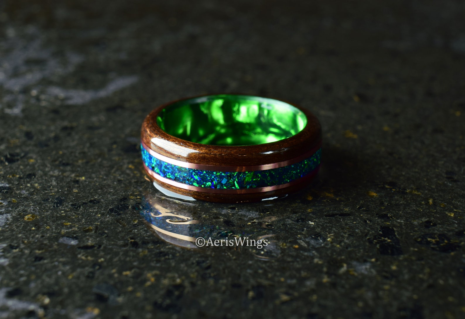 8mm Fumed Cherry Bentwood With Crushed Dark Green Opal and Rose Gold on ...