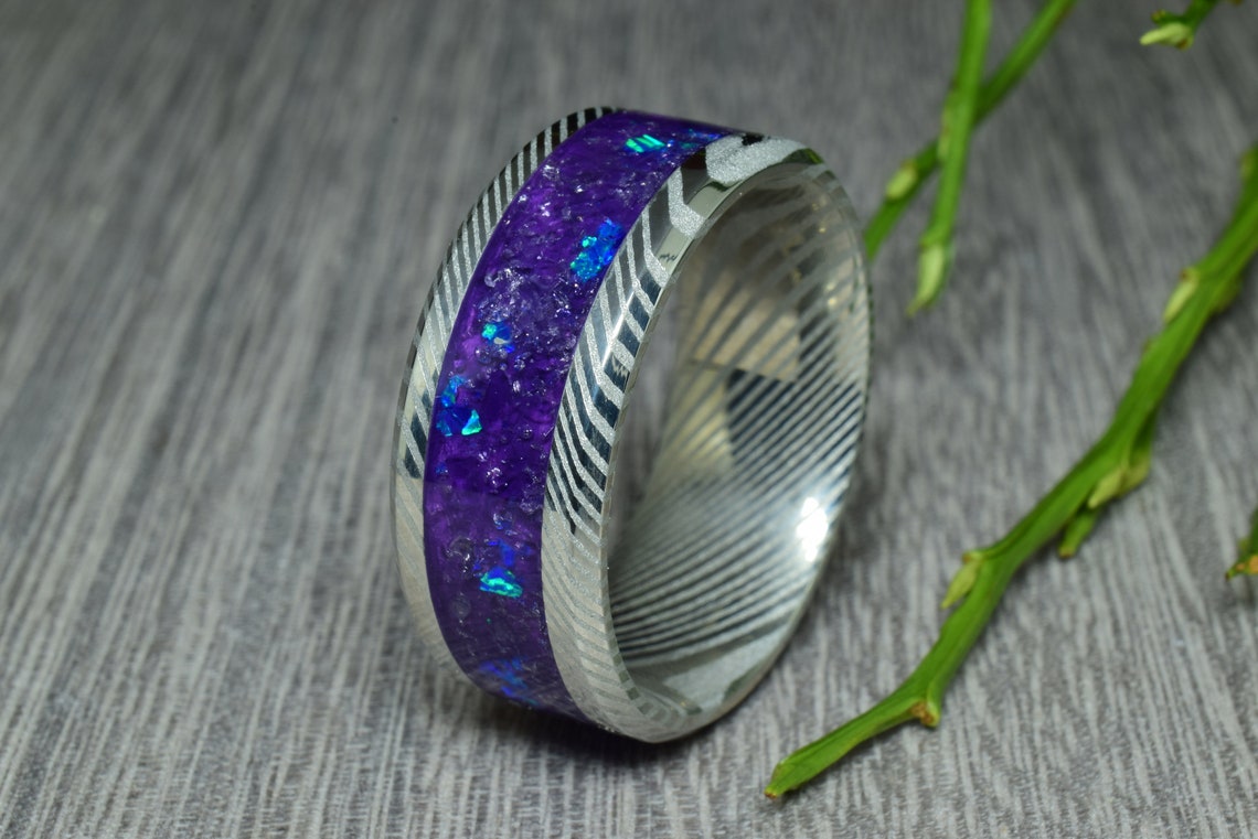 Stainless Steel Damascus Ring With Natural Amethyst and Blue Opal ...
