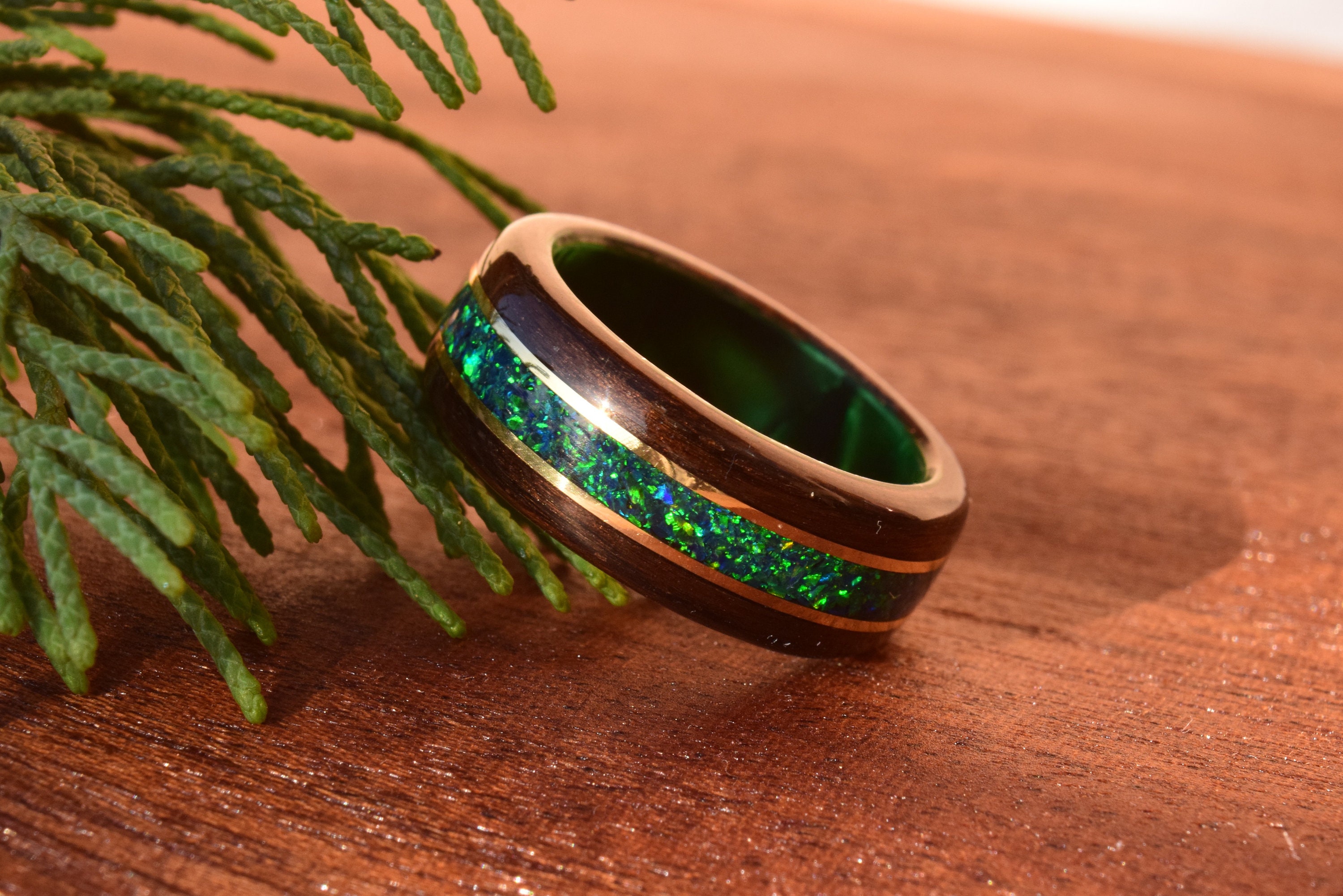 7 Mm Fumed Cherry Bentwood With Crushed Dark Green Opal and Yellow Gold ...