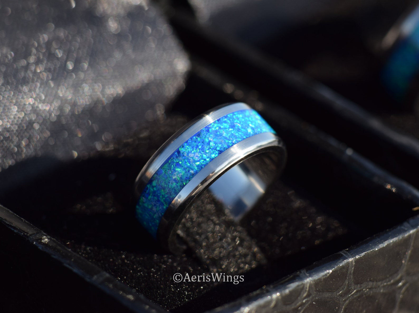 Wedding Ring, Stainless Steel Ring With Crushed Ocean Blue Opal - Etsy
