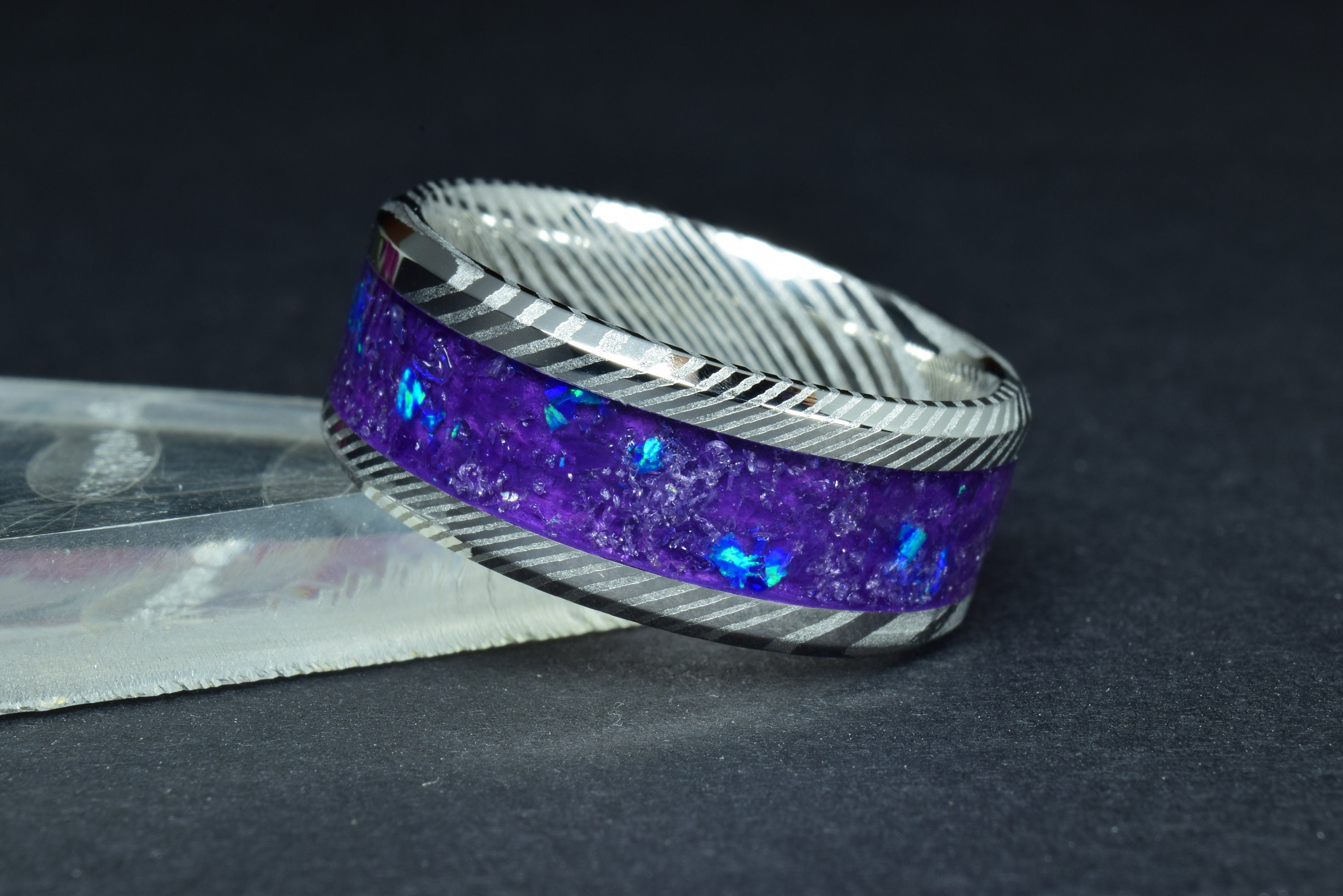 Stainless Steel Damascus Ring With Natural Amethyst and Blue - Etsy