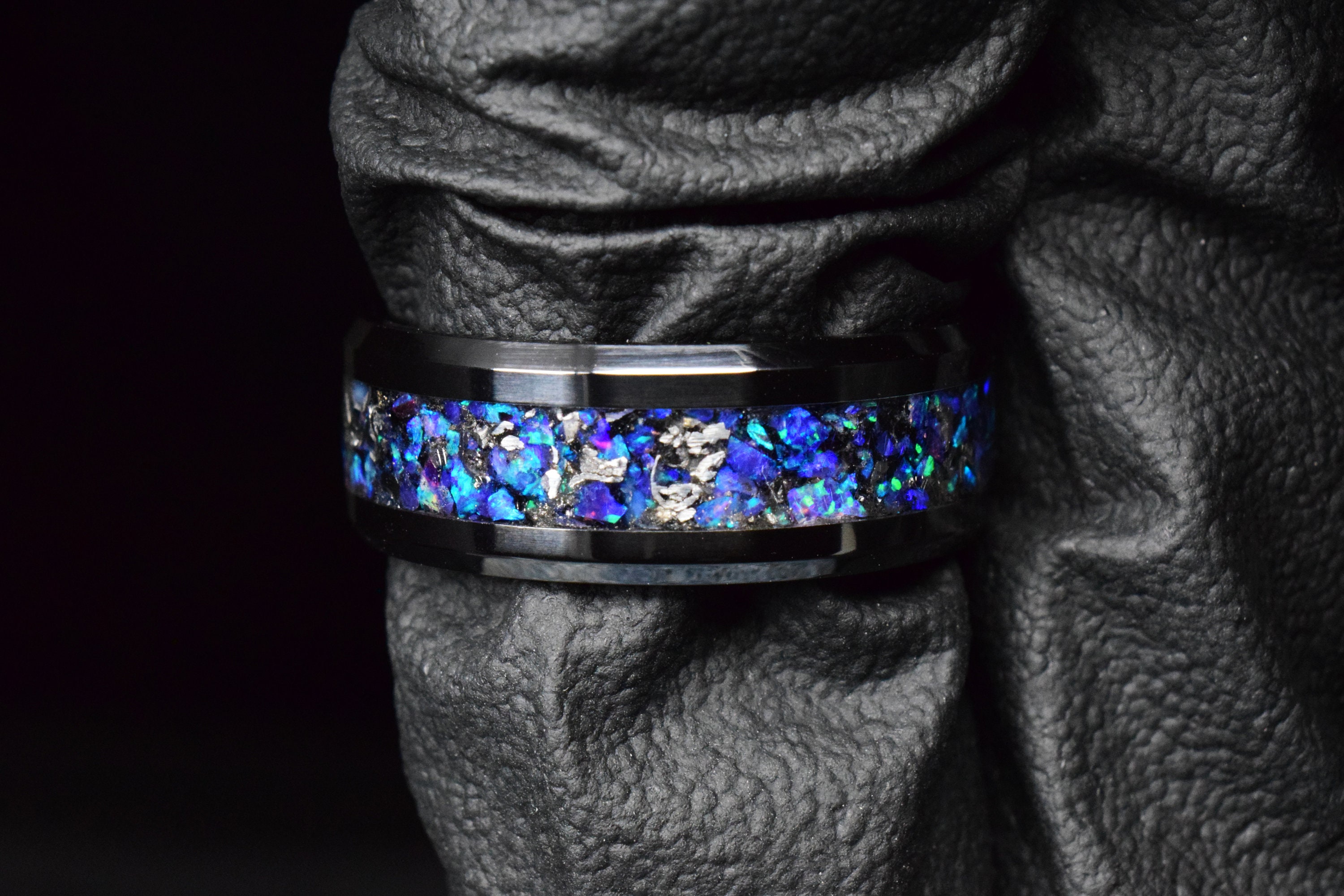 Meteorite, Black Obsidian, Blue-lavender Opal in Black Ceramic Ring ...
