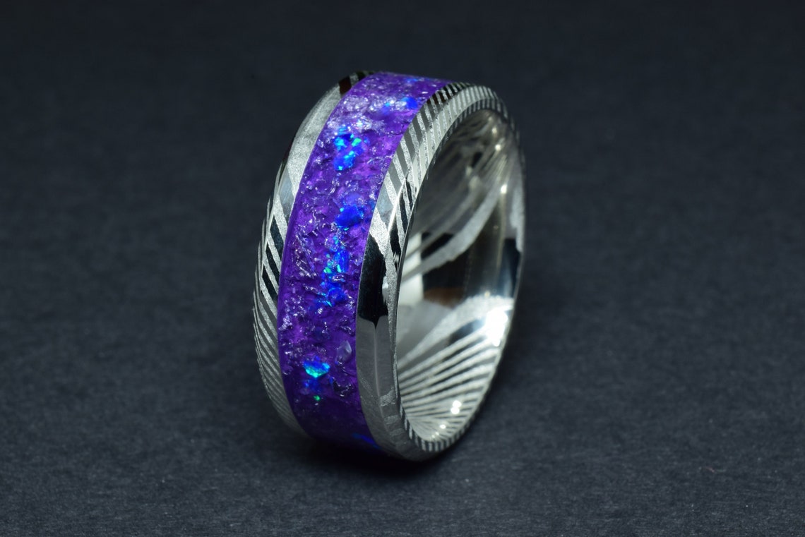 Stainless Steel Damascus Ring With Natural Amethyst and Blue Opal ...