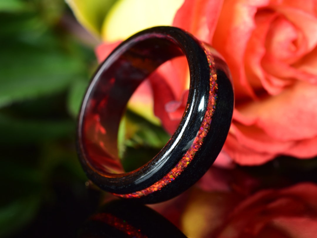 Black Poplar Wood Ring | Crushed Red Opal | Red Epoxy Core | Bentwood ...