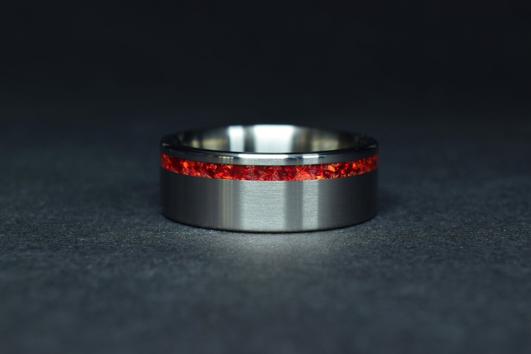 Grade 5 Titanium Wedding Ring / Stainless Steel Ring With Crushed Deep Red Ruby Red Opal Inlay ...