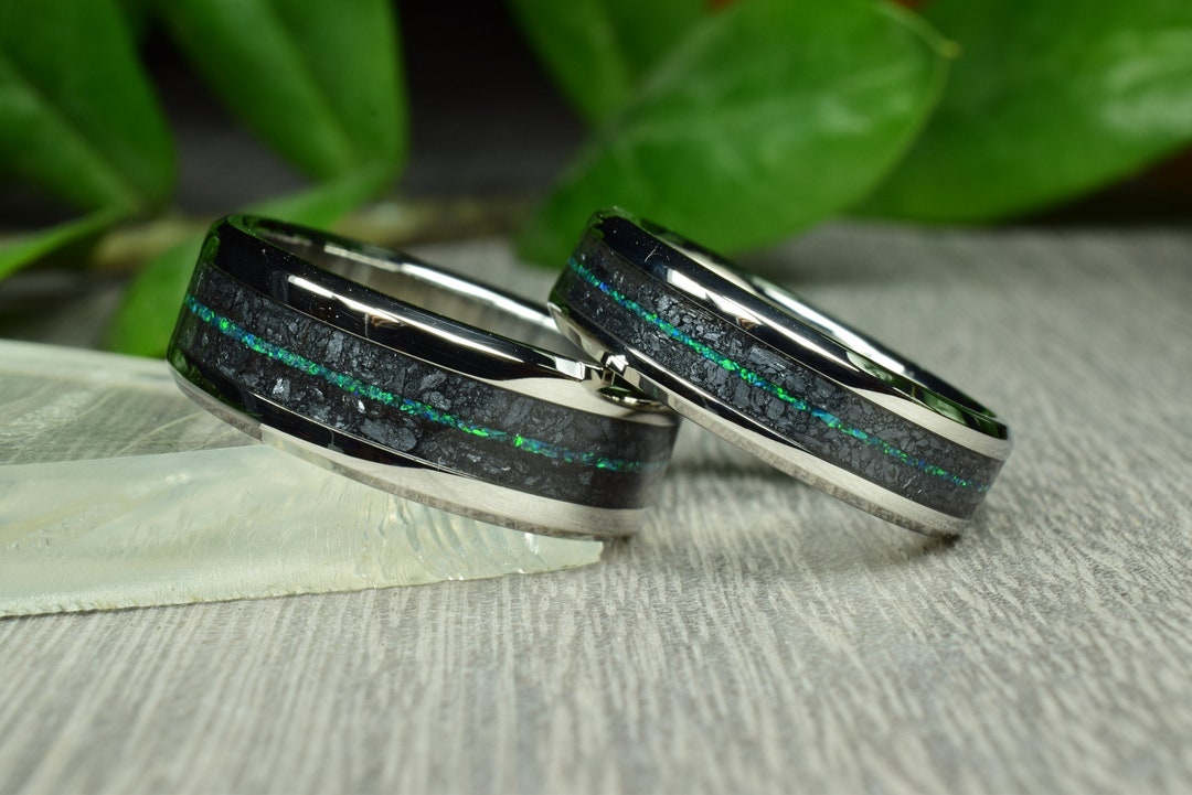 Stainless Steel Wedding Ring Set With Crushed Natural Antimony, Blue ...