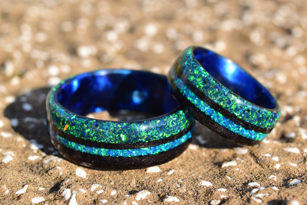 Black Poplar Wood With Crushed Blue and Dark Green Opal on Dark Blue ...