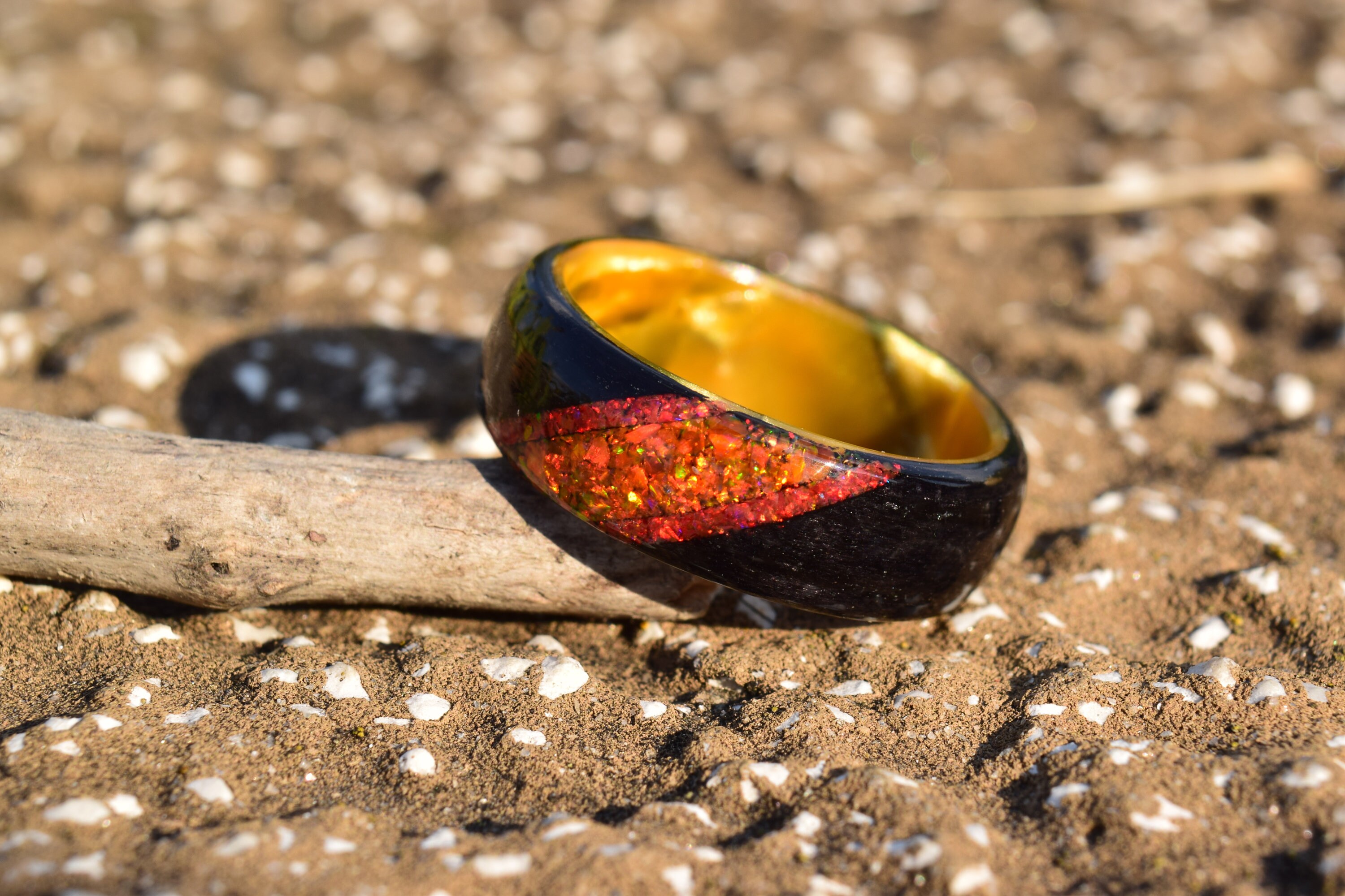 Black Poplar Wood Ring Crushed Red Opal Orange Opal - Etsy