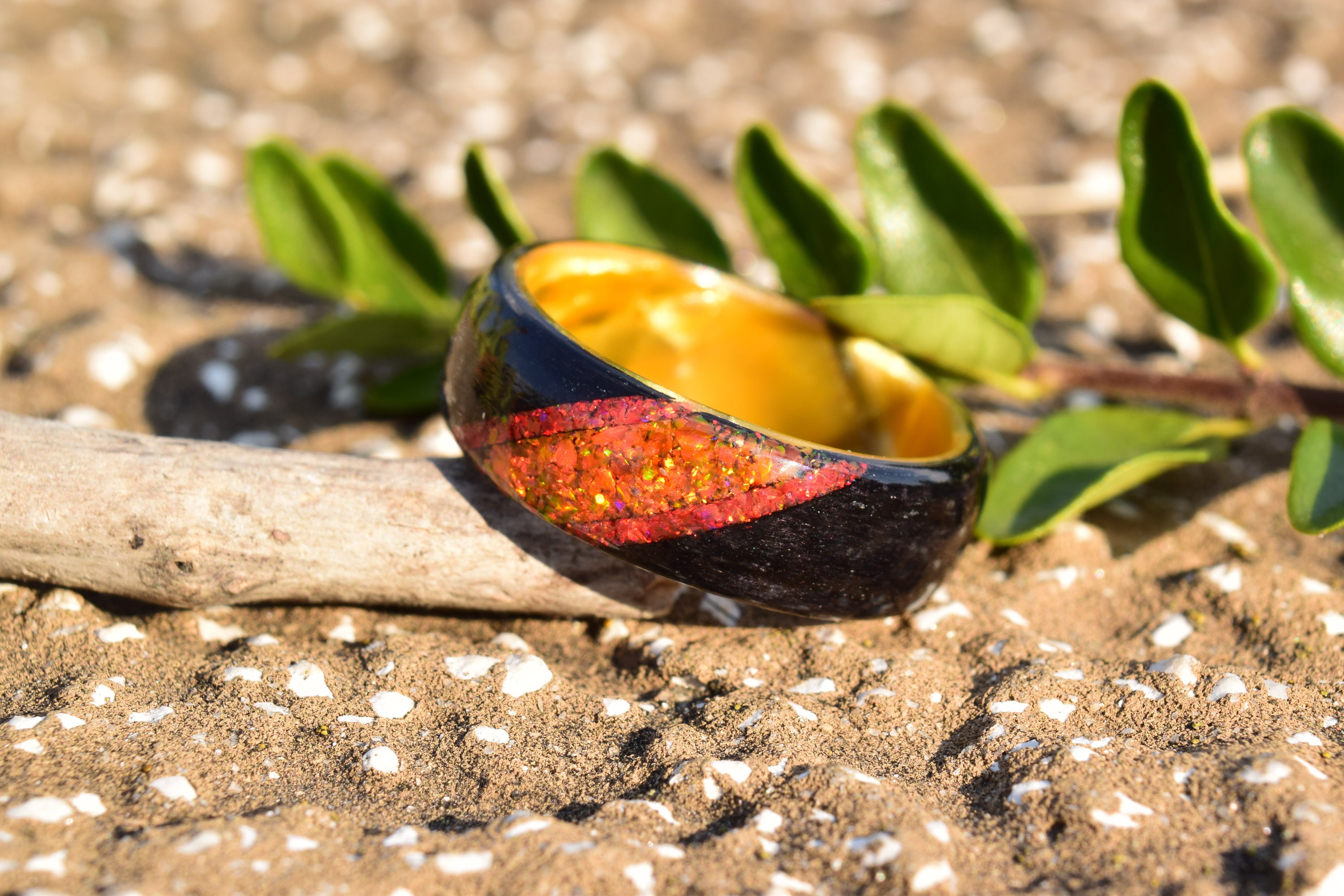 Black Poplar Wood Ring Crushed Red Opal Orange Opal - Etsy